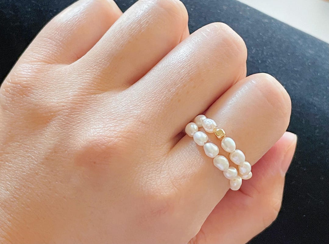 Dainty Seed Pearl Ring, Genuine Pearl Beaded Stretch Ring, Tiny ...