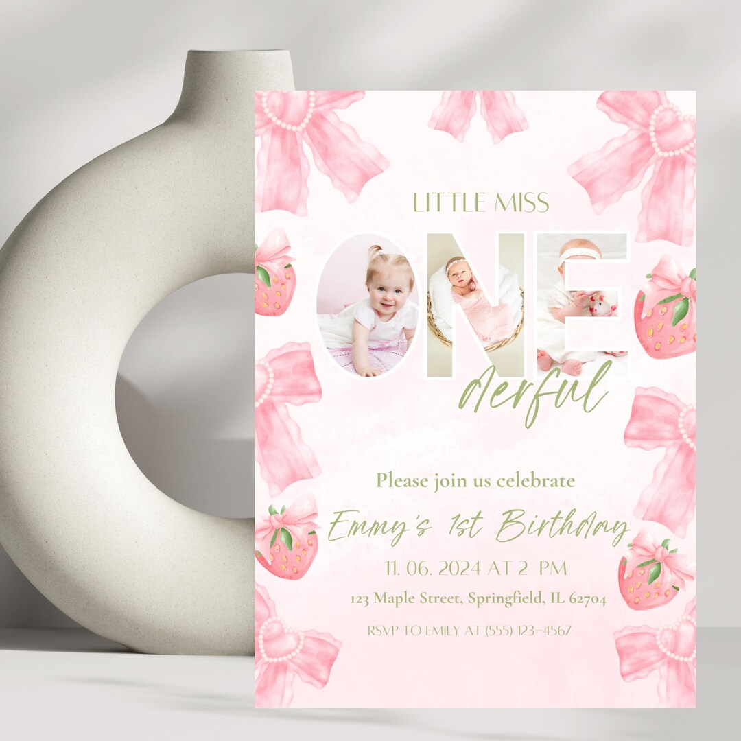 Berry First Birthday Invitation - Coquette Pink Bow First Birthday ...