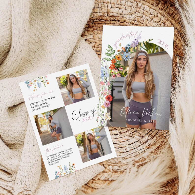 Wildflower Graduation Announcement Template, Editable Graduation Card ...