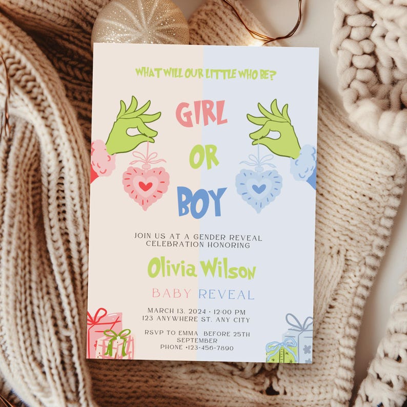 Editable Christmas Gender Reveal Invitation Template, Grinchmas Gender ...