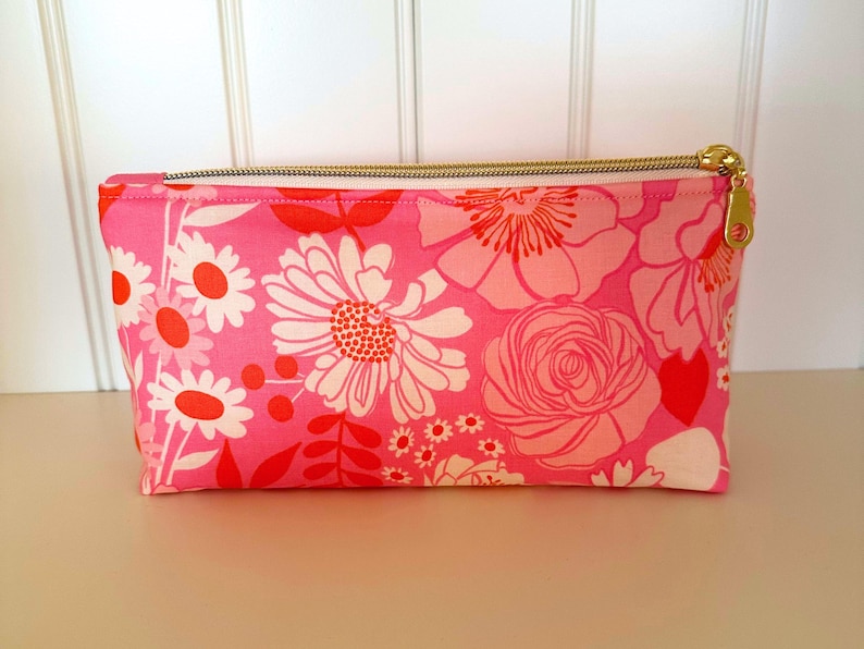Pencil Pouch / Makeup Bag / Handmade Triangular Zipper Pouch in Floral ...
