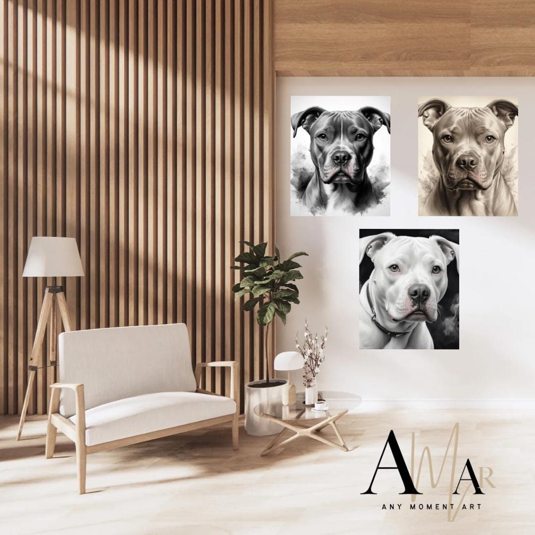 Pitbull, Set of 3 Dog Wall Art Drawings, Dog Lover Decor, Cute Pet ...