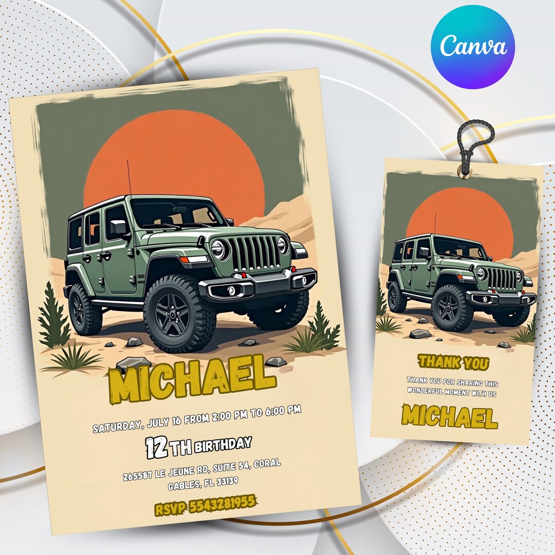 Editable 4x4 Car Card, Customizable Safari Car Invitation, Adventurous ...