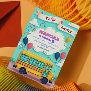 Party Bus Invite, Bus Birthday Invitation Card, Bus Party Card ...