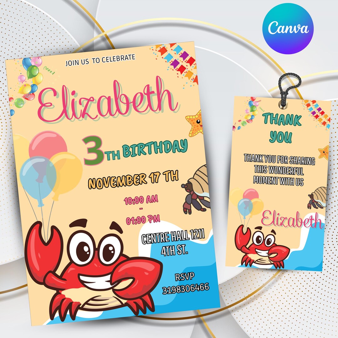 EDITABLE Digital Template ,crab Birthday Invitation, Crab Birthday Card ...