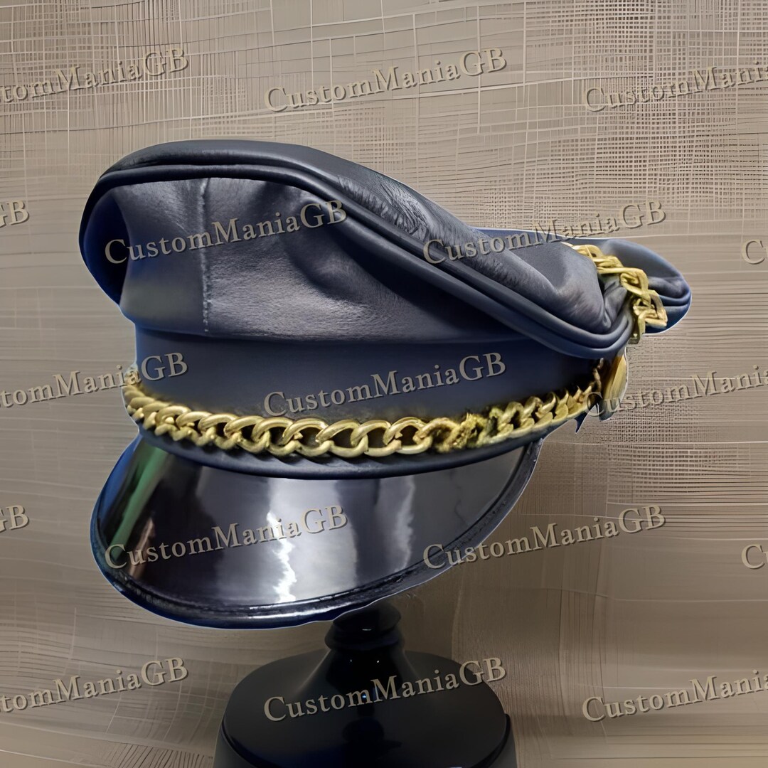 Black Soft Leather Army Muir Biker Peaked Bluf Cap With Chain, Hat for ...