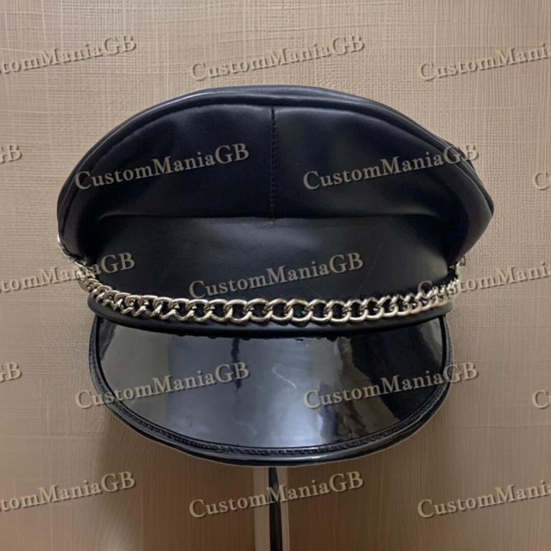 Black Soft Leather Army Muir Biker Peaked Bluf Cap With Chain, Hat for ...