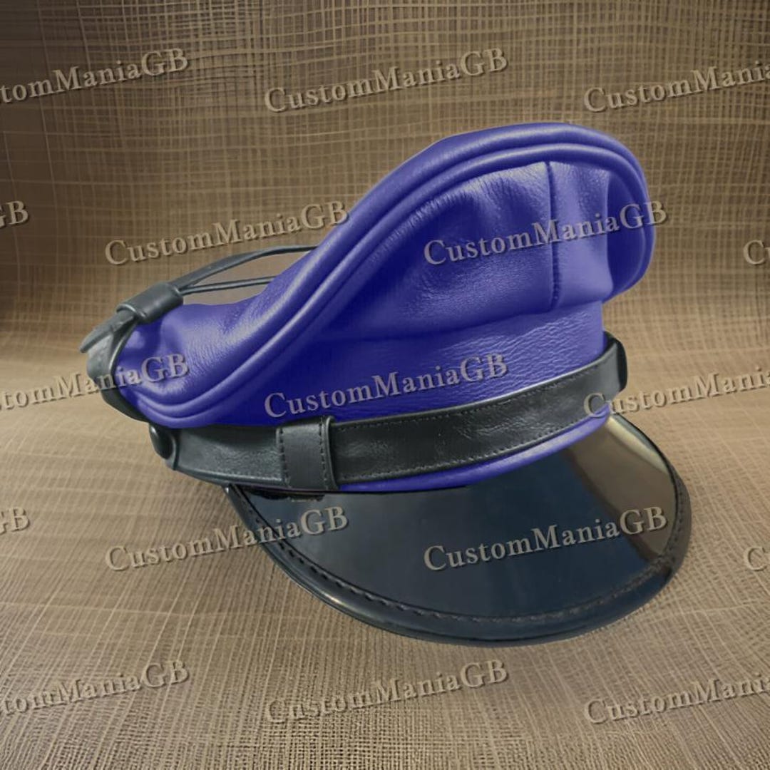 Purple and Black Soft Leather Army Muir Biker Peaked Bluf Cap, Hat for ...