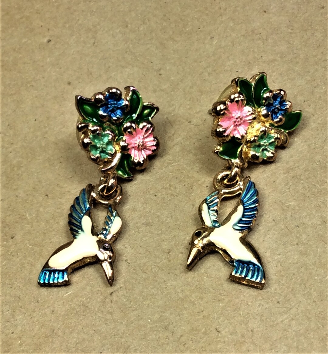 Vintage Enamel Hummingbird and Flowers Post Dangle Earrings - Etsy