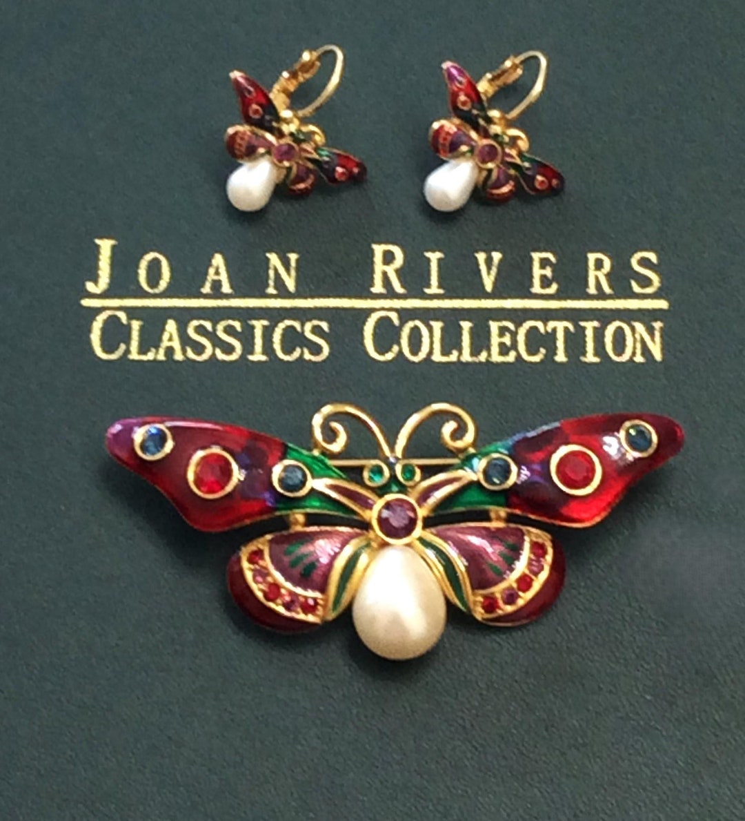 Vintage Joan Rivers Jeweled Rainbow Butterfly Brooch & Earrings Set ...