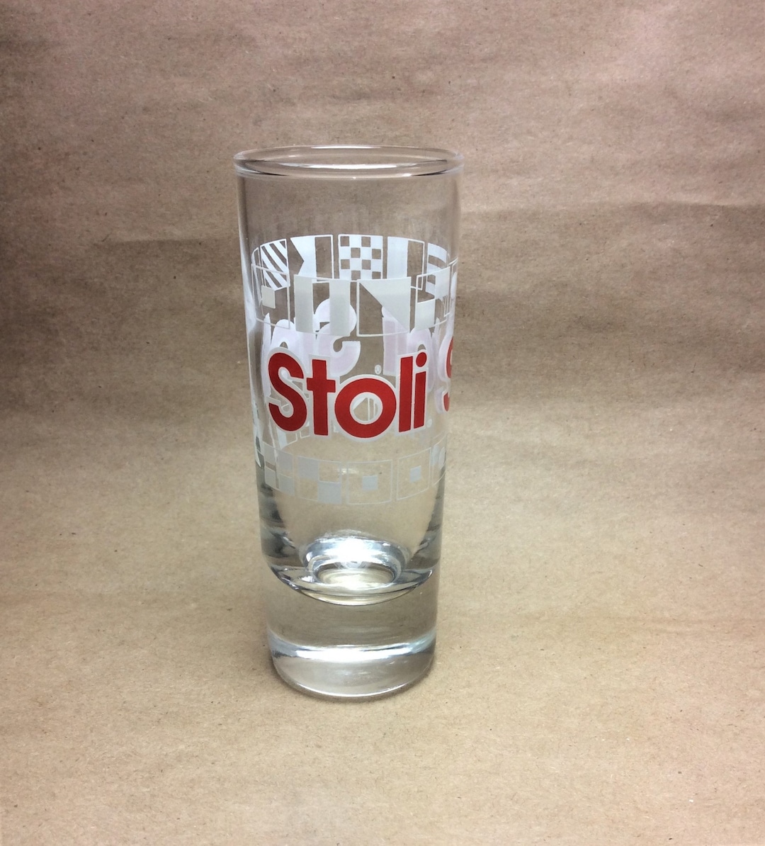 Vintage Tall Shooter Glass STOLI Vodka Red and White Graphics 4" Tall ...