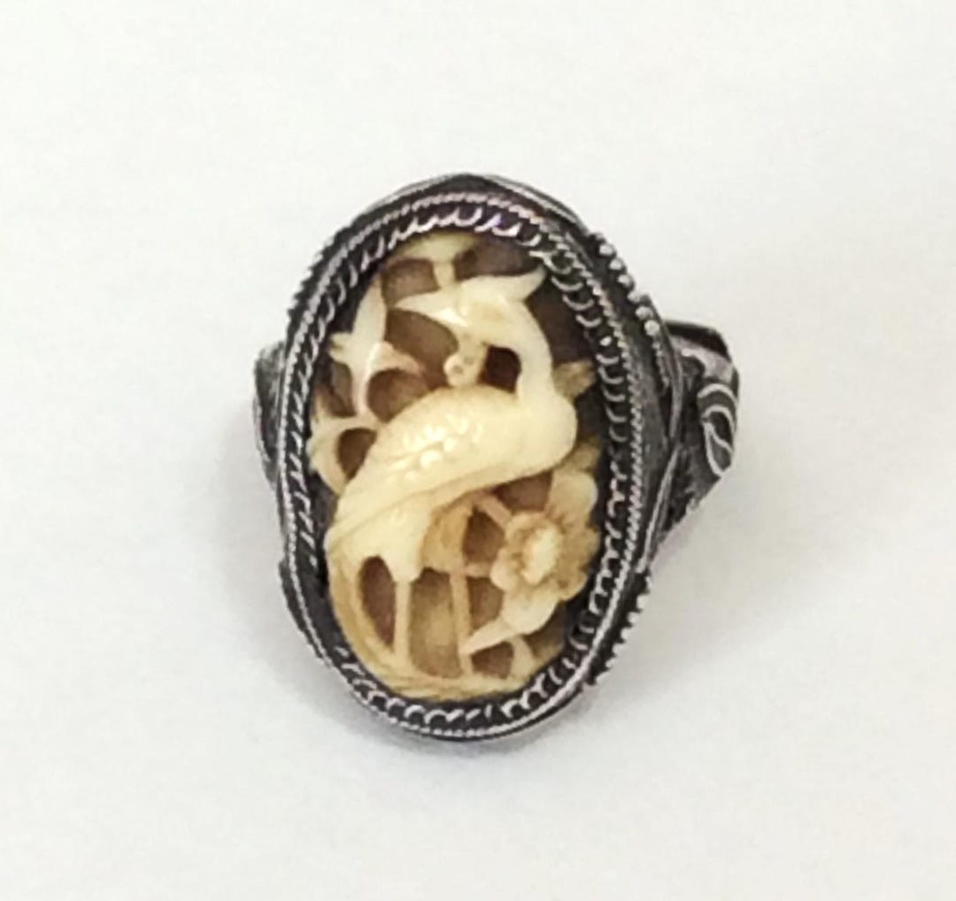 Antique Chinese Silver Ring Carved Bone Heron Inset - Etsy