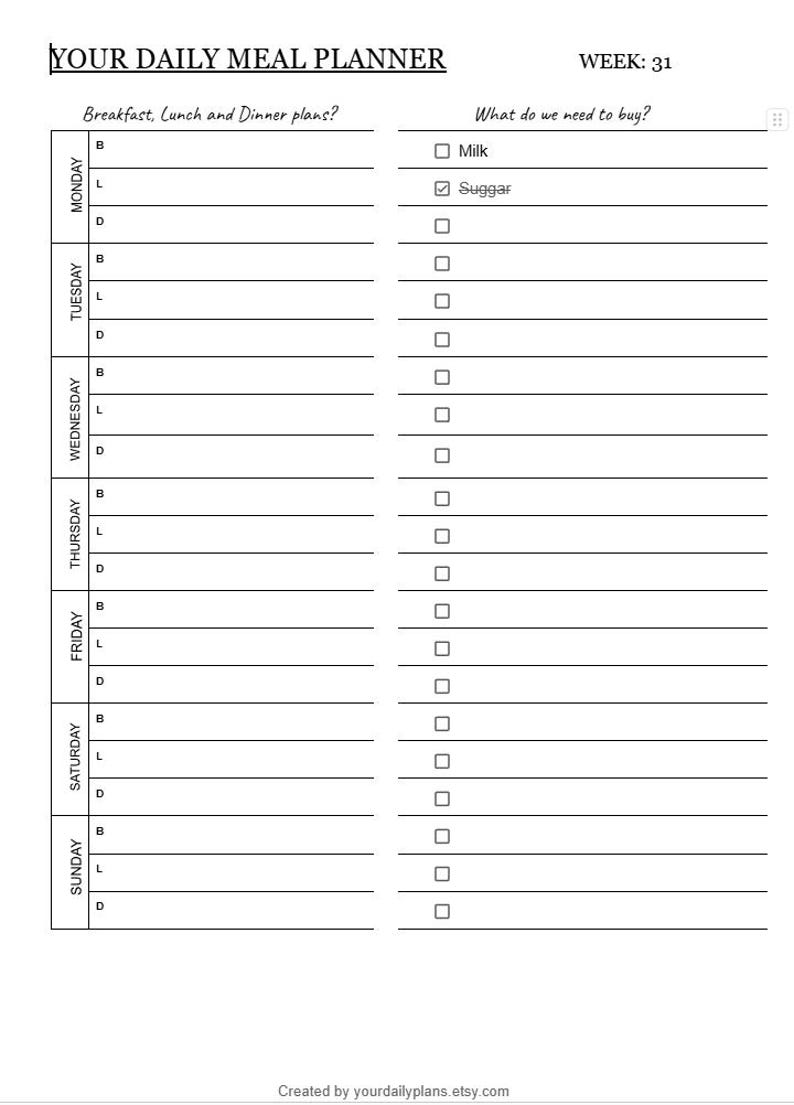 Printable Template Weekly Meal Planner With Grocery List, Every Day ...
