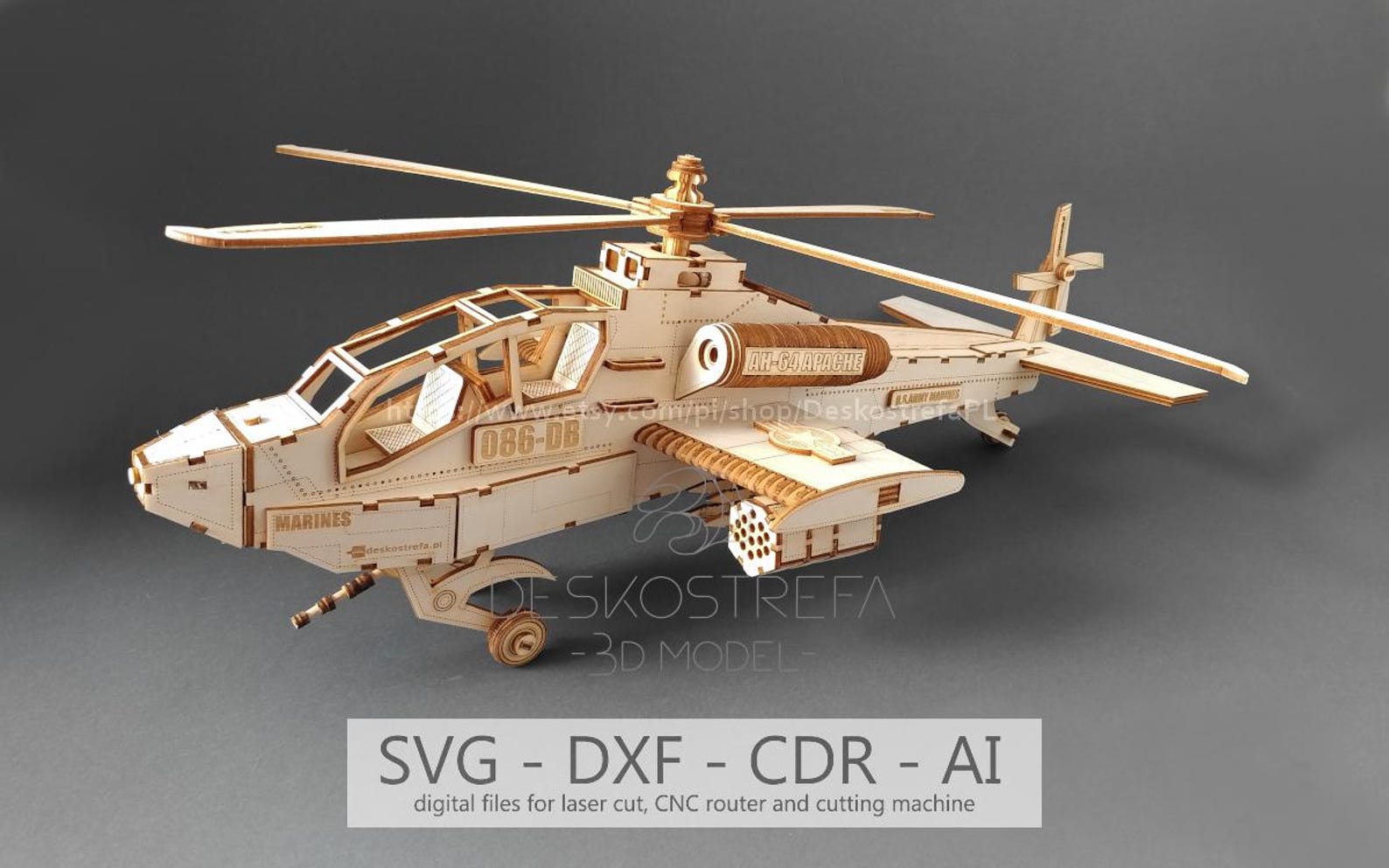 Digital File, 3d Puzzle, 3D Model Apache AH-D64, Laser Cut Template ...