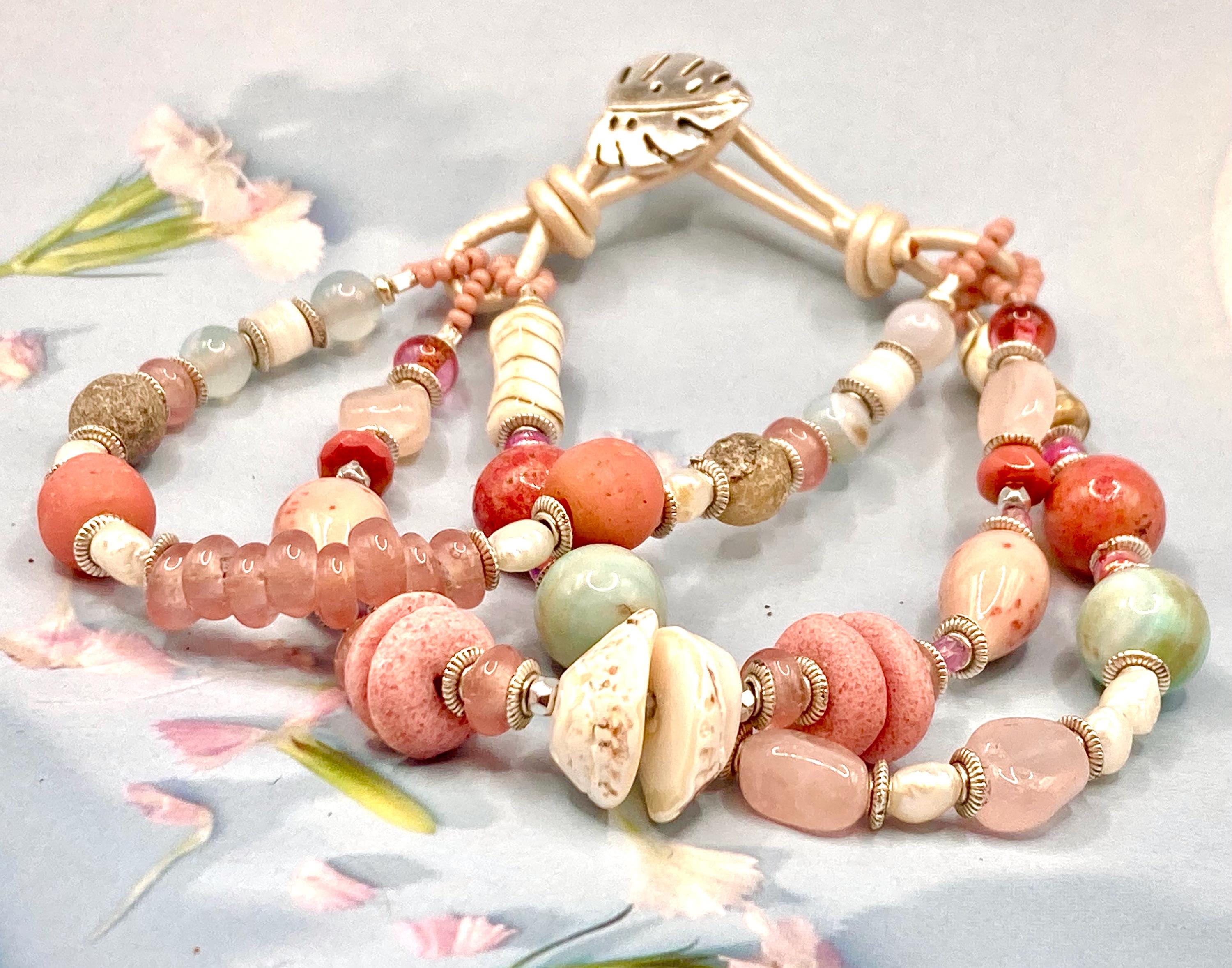 Shell, Pearls and Pink Triple Strand Bracelet - Etsy