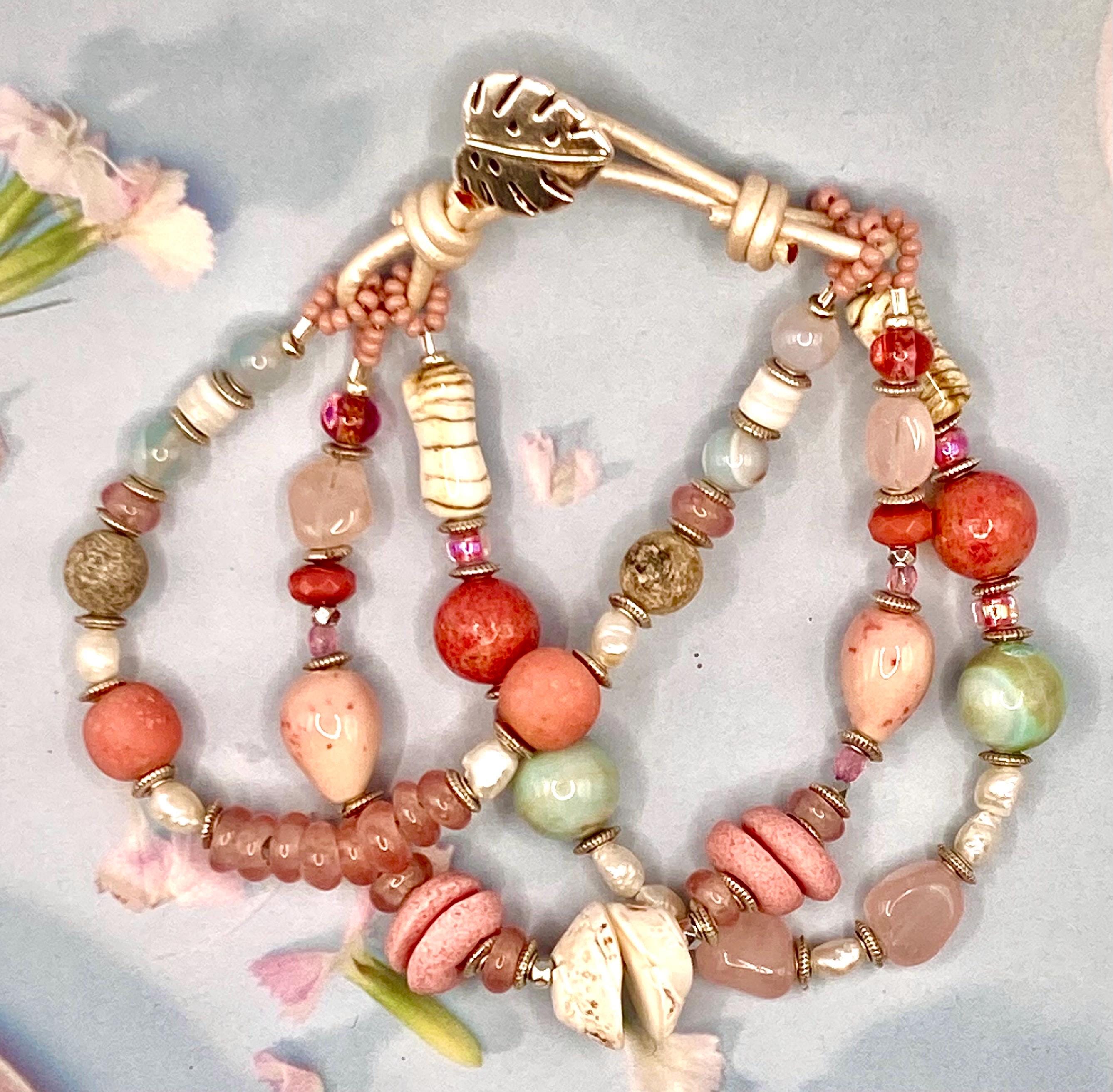 Shell, Pearls and Pink Triple Strand Bracelet - Etsy