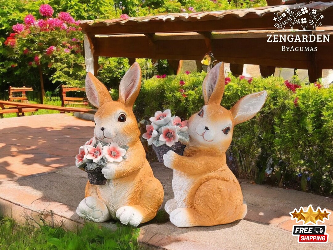 Solar Rabbit Garden Statue | Bunny Sculpture With Flower Light | Cute ...