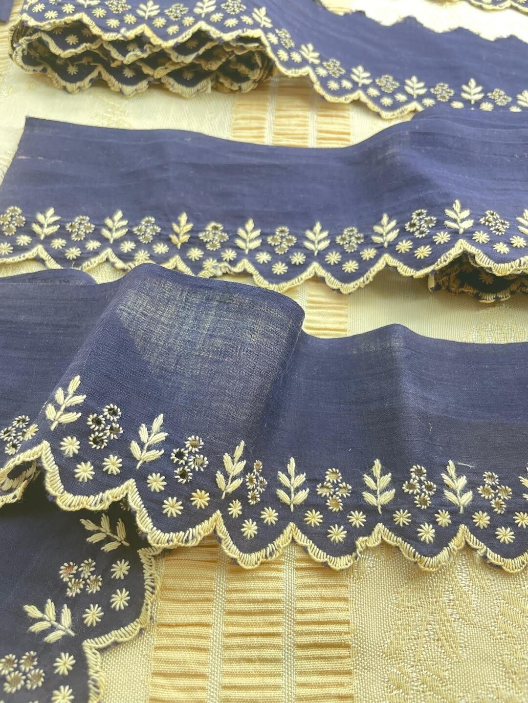 Antique Embroidered Edging Cotton Trim, Navy Blue, 3 X 154 Total ...