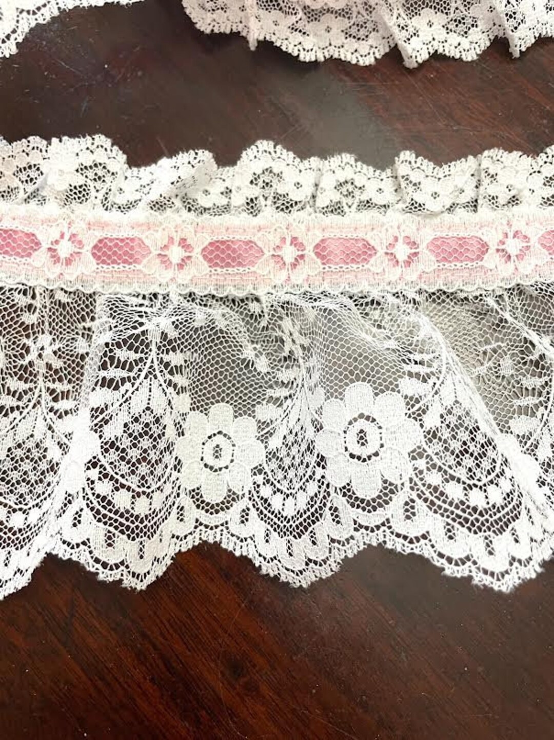 Vintage Lace With Beading, 1980's Eighties Gathered Lace, Pink Ribbon ...