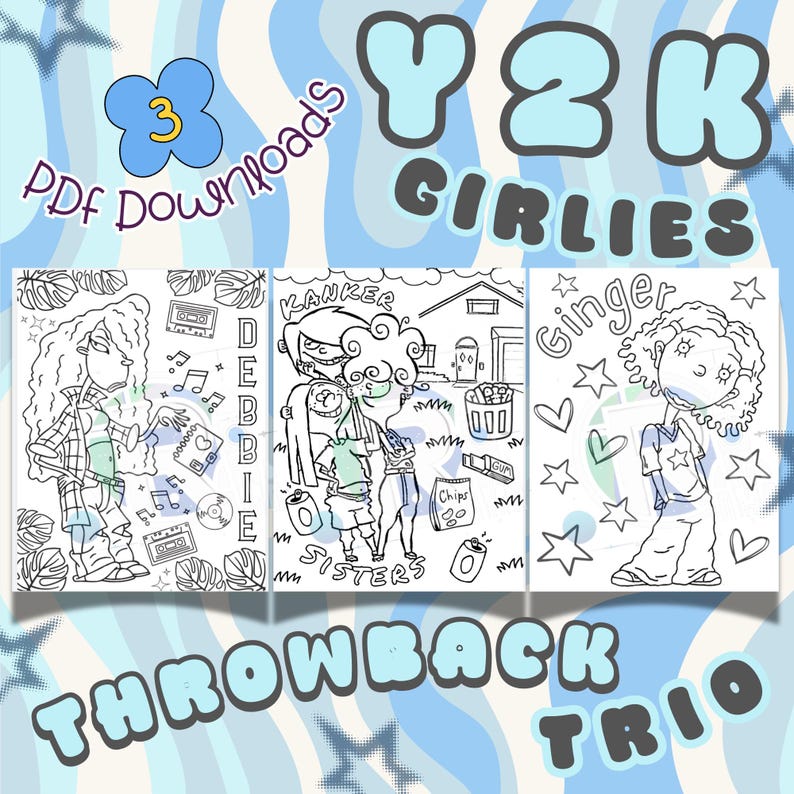 Y2K Girlie Throwback Trio Coloring Pages Retro 2000s Icons Digital ...