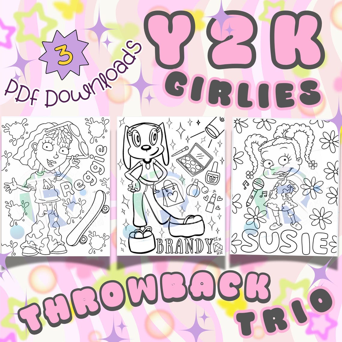Y2K Girlie Throwback Trio Coloring Pages | Retro 2000s Icons Digital ...