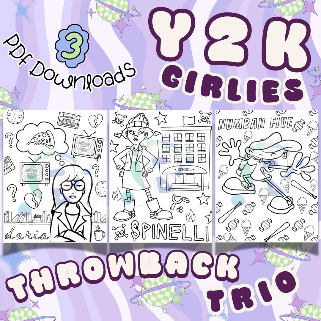 Y2K Girlie Throwback Trio Coloring Pages | Retro 2000s Icons Digital ...