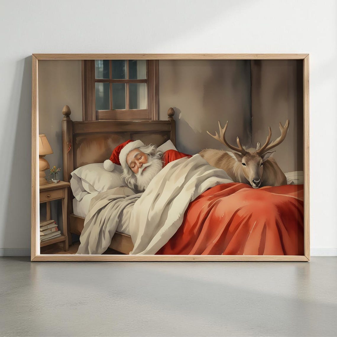Cute Bedtime Santa Painting | Vintage Printable Christmas Wall Art ...