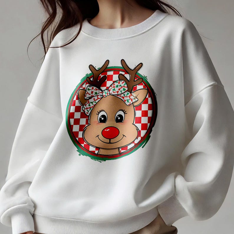 Cute Reindeer Girl With Bow PNG | Kids Christmas Checker Design ...