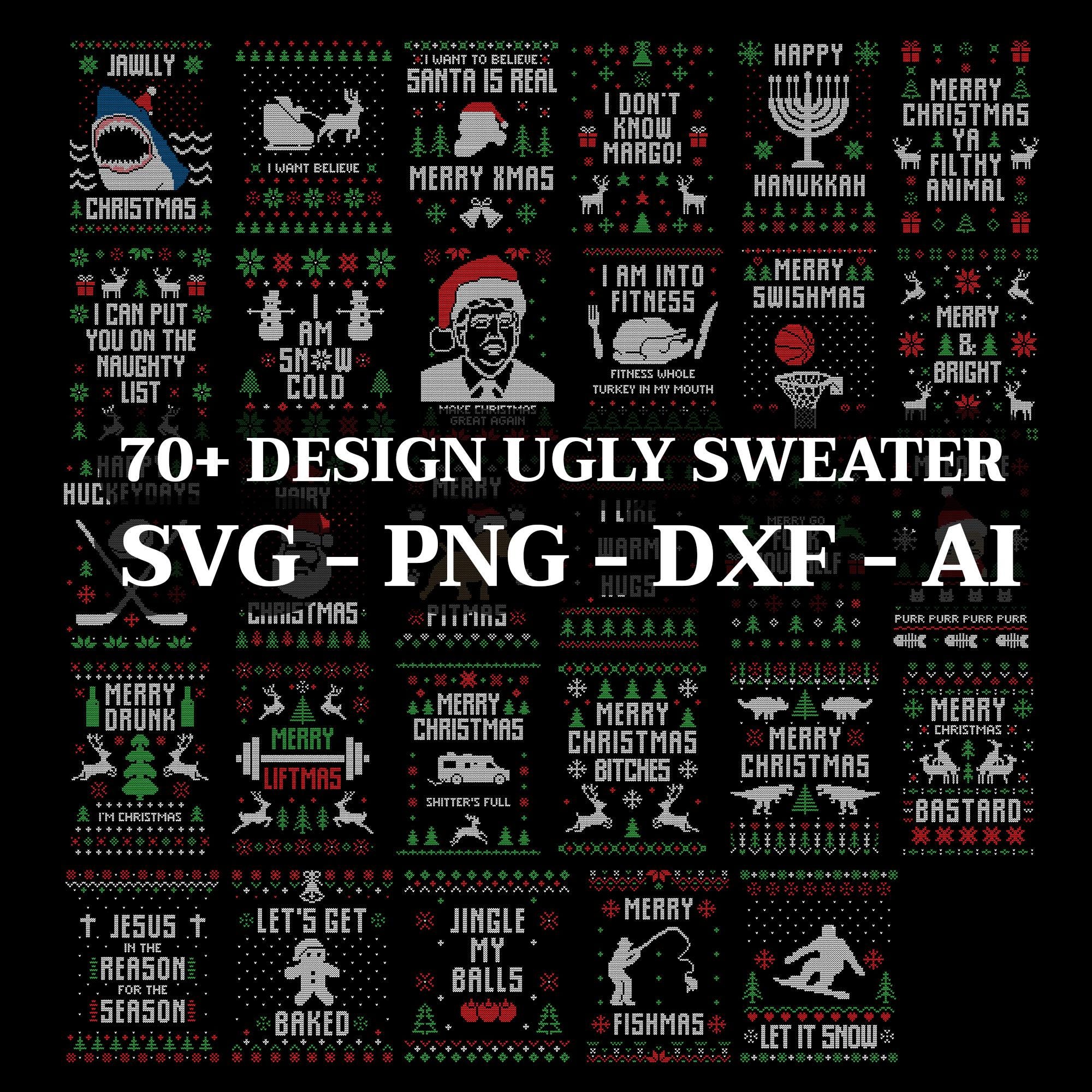 70+ Ugly Christmas Sweater PNG Bundle | Retro Christmas Clipart Designs ...