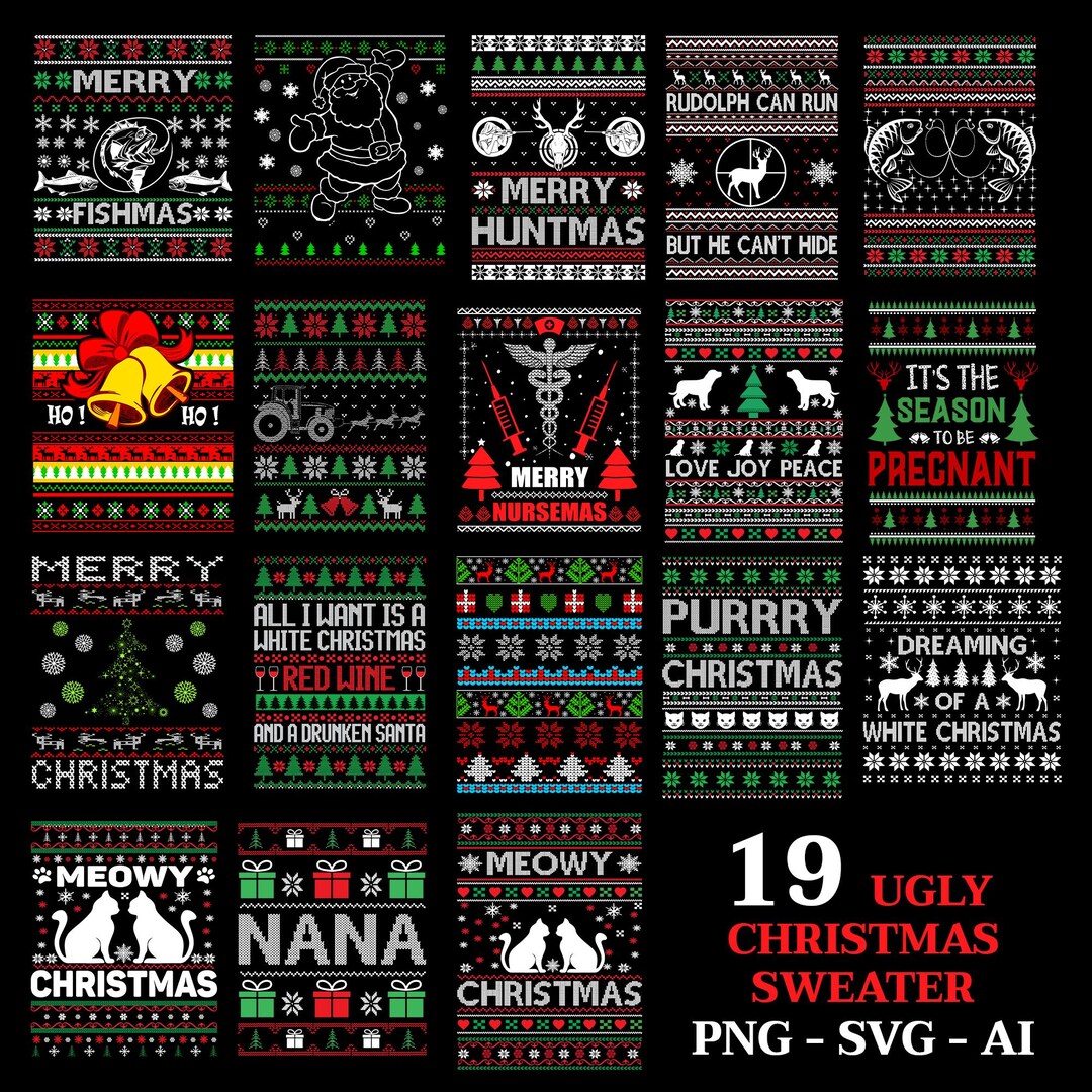 10+ Ugly Christmas Sweater PNG Bundle | Retro Christmas Clipart Designs ...