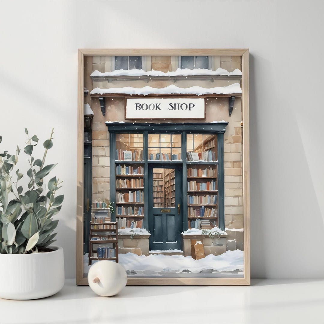 Printable Winter Book Shop Art | New York Bookstore Wall Decor ...