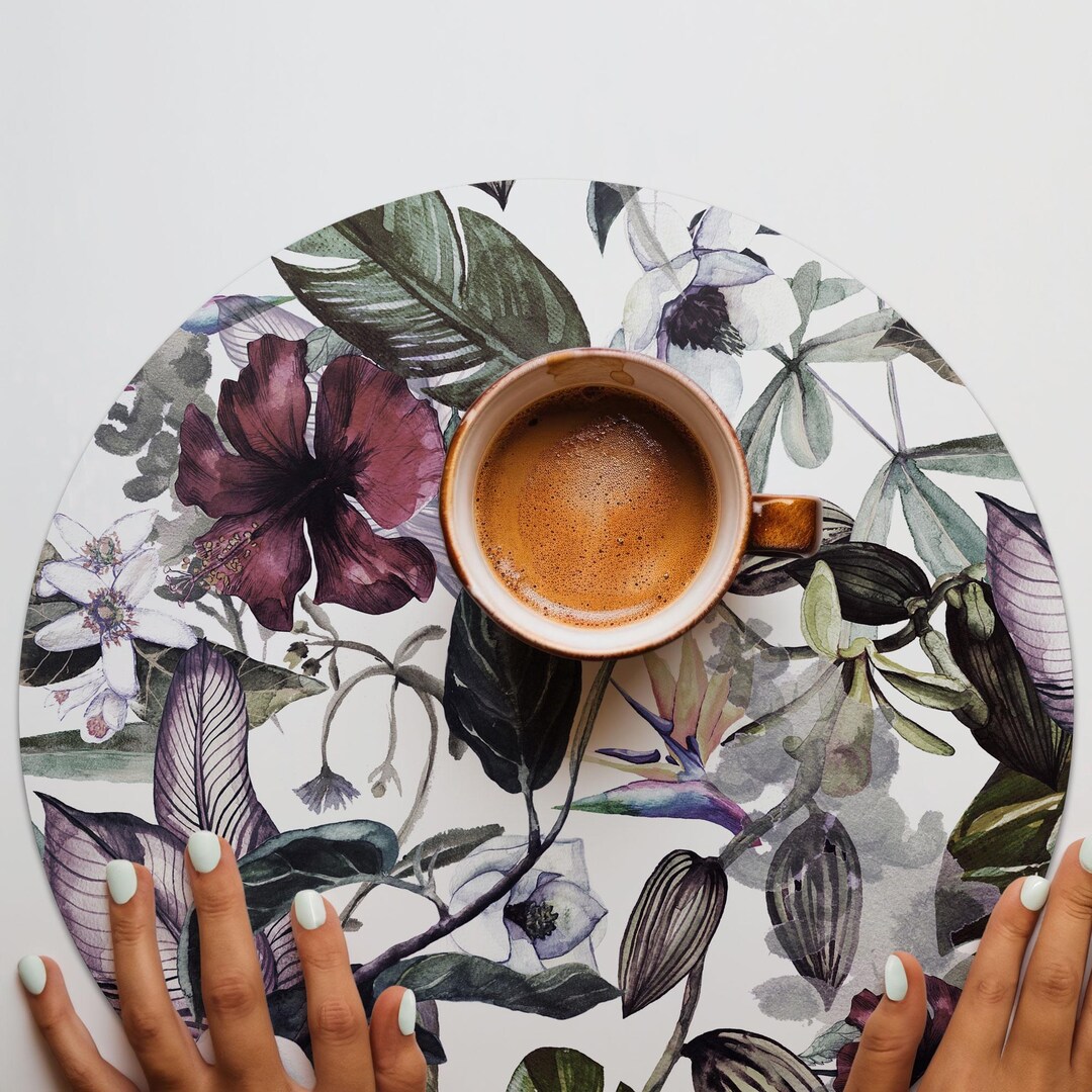 Hibiscus & Tropical Leaves Round Coffee Table Placemats, Exotic Floral ...