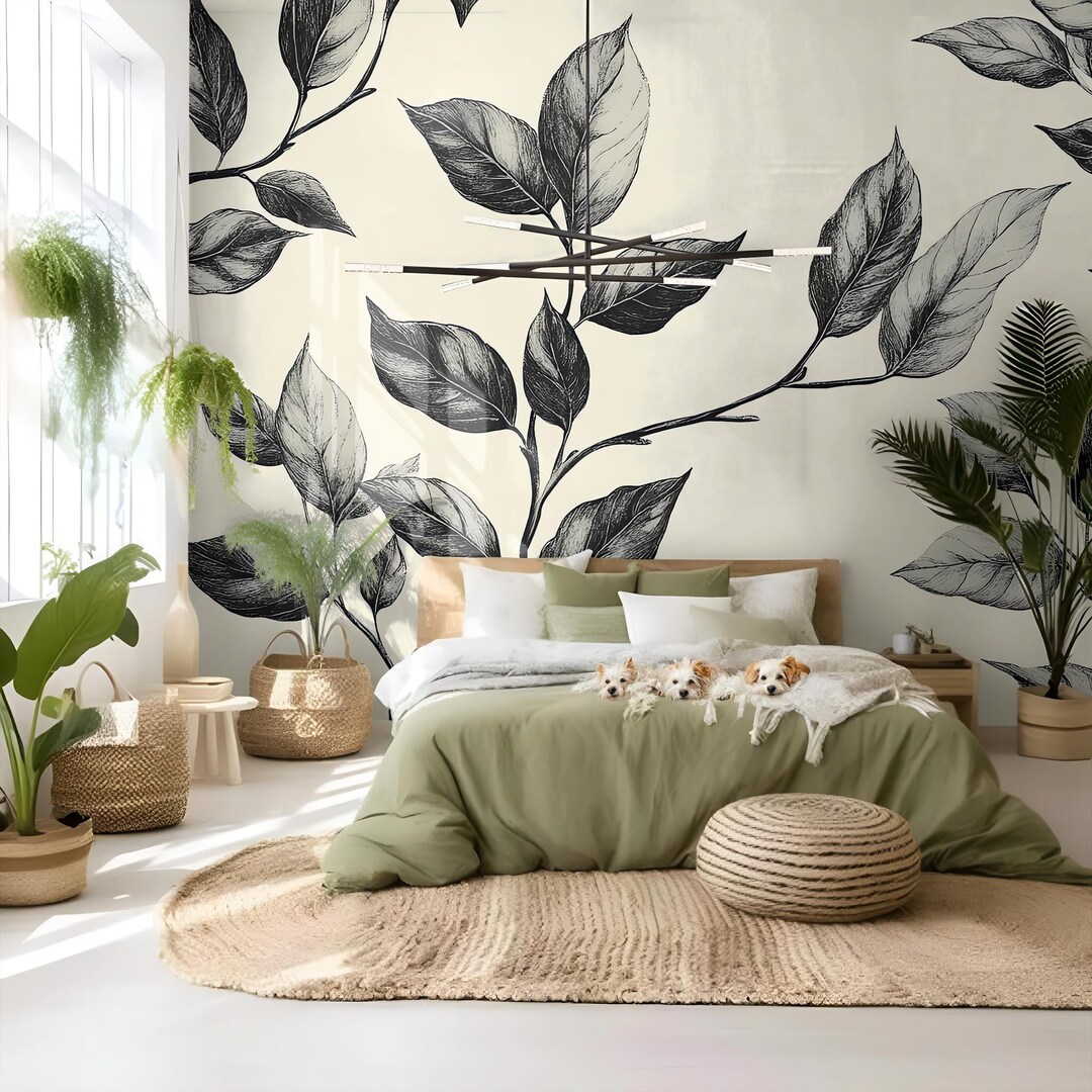 Cream Leaves Wallpaper, Vintage Botanical Wall Mural, Wall Art, Home ...