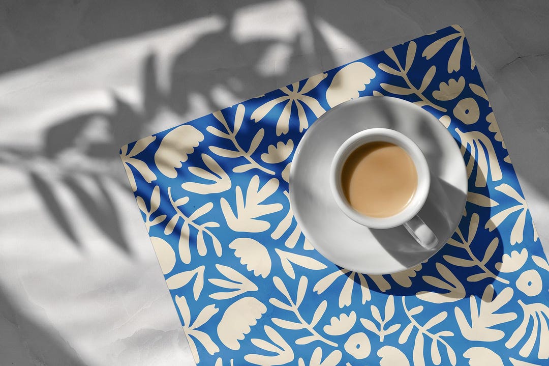 Blue Abstract Floral Square Coffee Table Placemats, Botanical Print ...