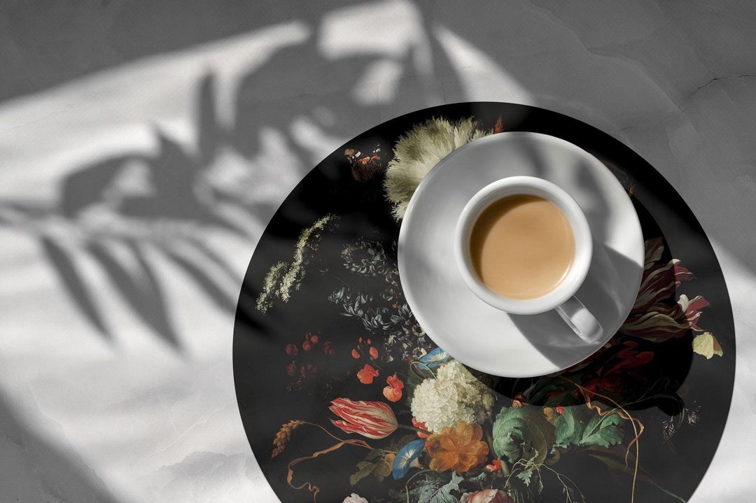Round Coffee Table Placemats, Dark Dutch Flowers Pattern, Stone Print ...