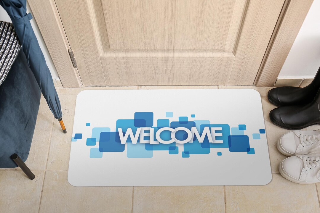 Welcome Blue & White Door Mat, Modern Indoors Mat, Printed Home Doormat ...