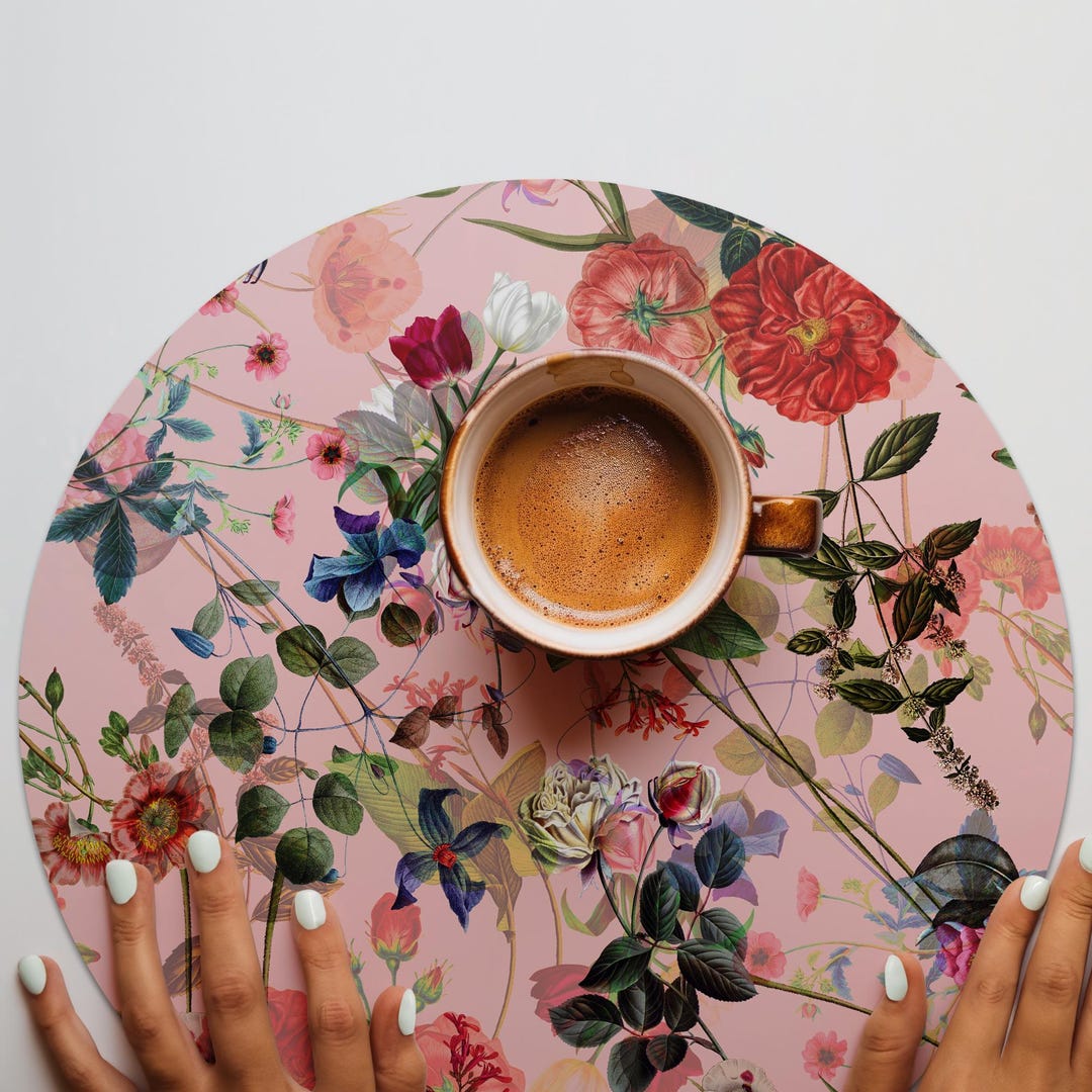 Pink Floral Round Coffee Table Placemats, Floral Pattern, Botanical ...