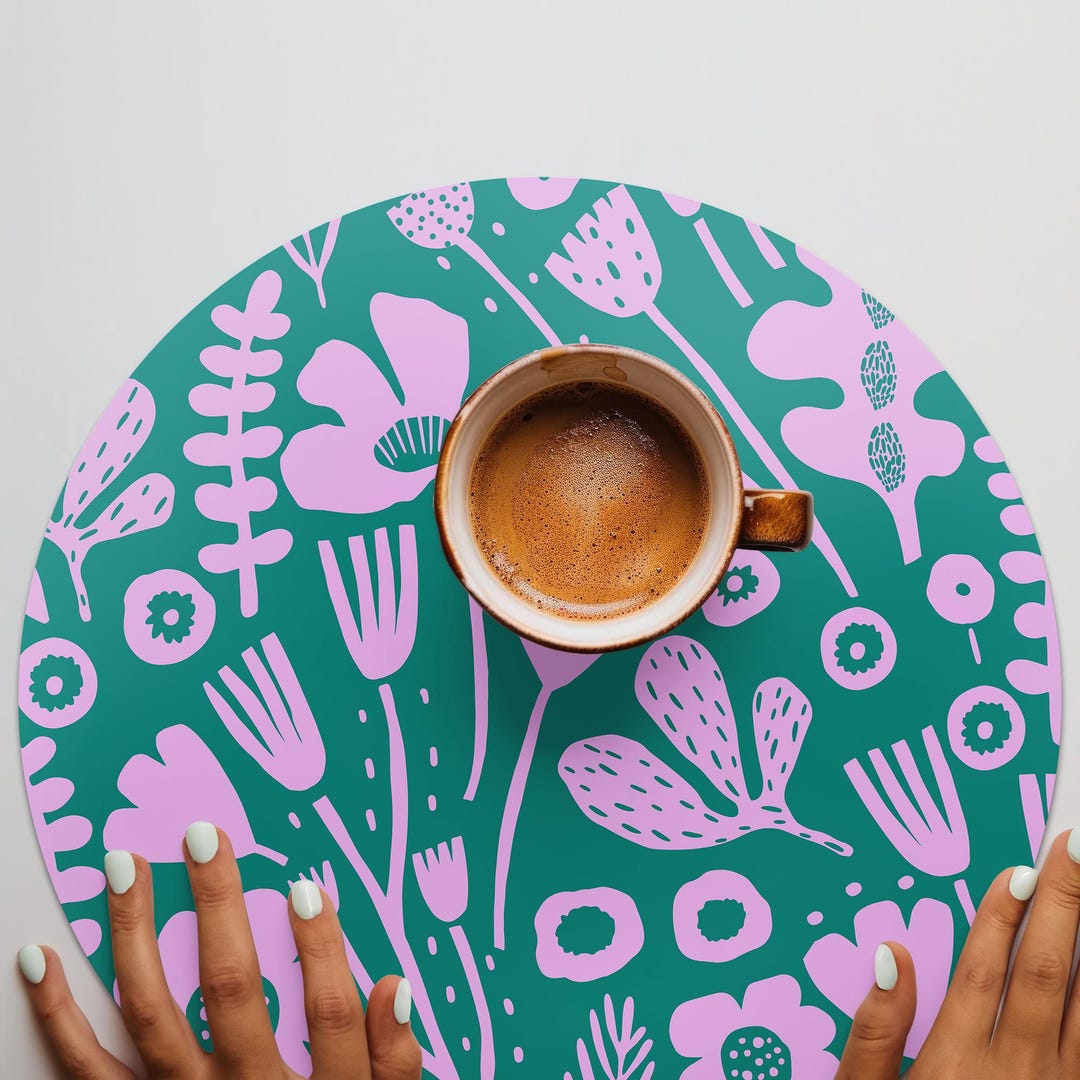 Teal Lilac Floral Round Coffee Table Placemats, Botanical Print, PVC ...
