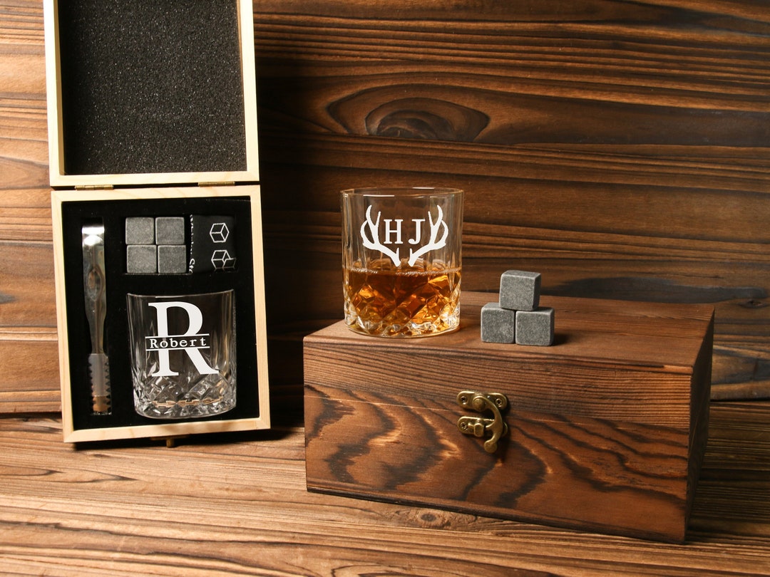 Personalized Whiskey Glass Set, Custom Wood Whisky Box, Barware Gift ...