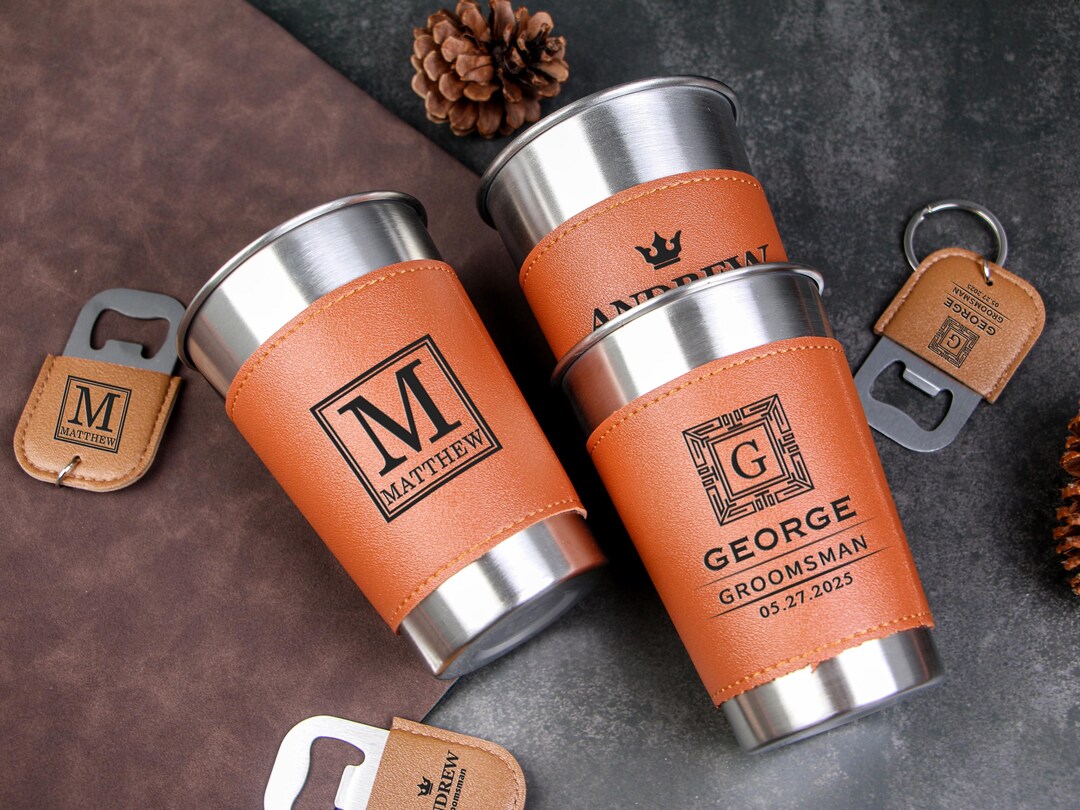 Personalized Beer Cup With Leather Holder,groomsmen Gift Ideas - Etsy