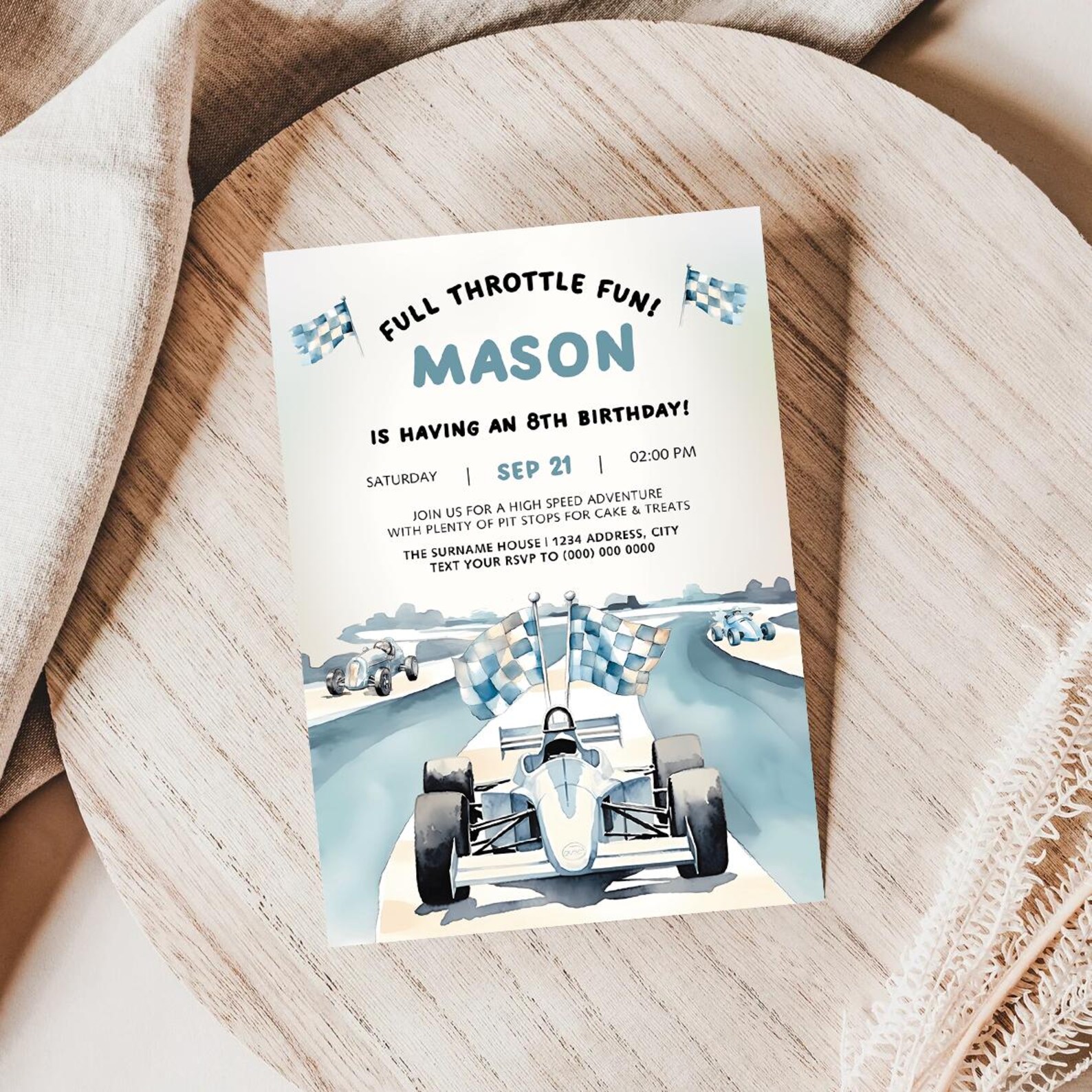 Race Car Themed Birthday Invitation | Blue Watercolor Birthday Invite ...