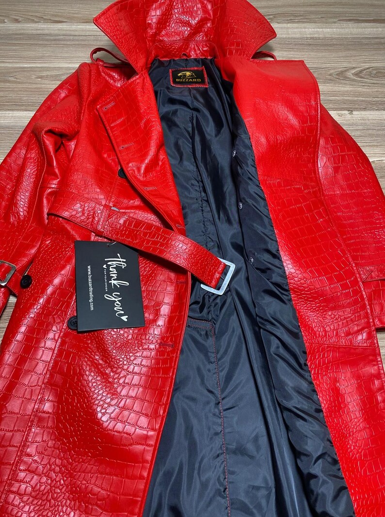 Women’s Red Leather Trench Coat – Crocodile Embossed Luxury Women’s Red ...