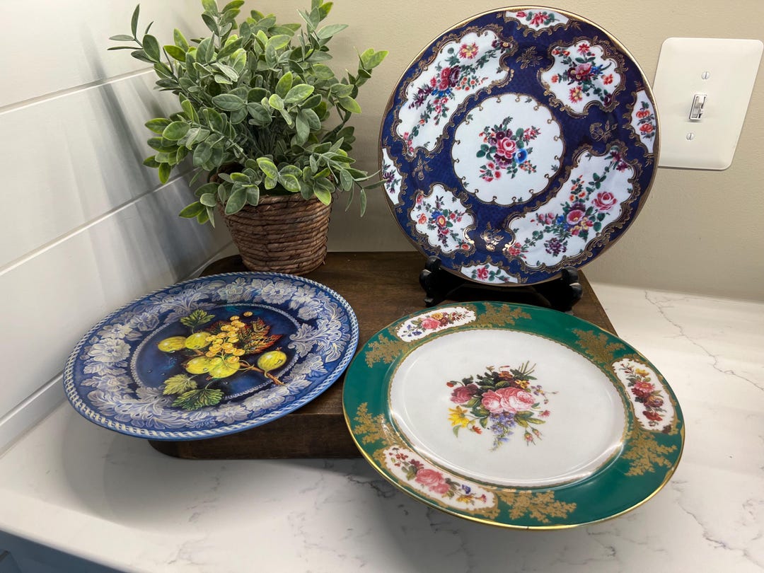 Set of 3 Tin Plates Painted to Depict Antique Dishware, Descriptions on ...