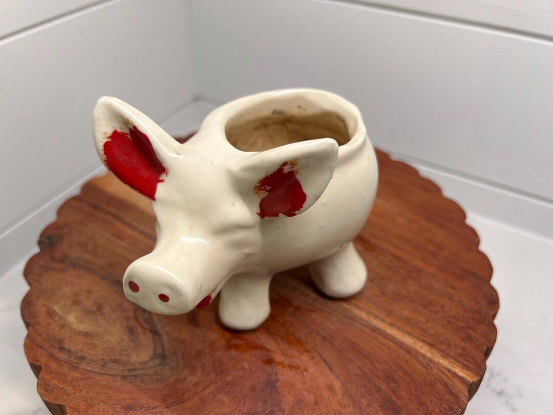Vintage White Pig Planter With Red Accents, Antique Pig Planter ...