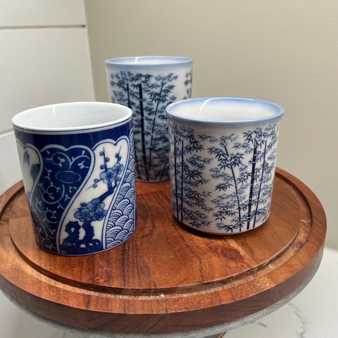3 Vintage Japanese Mugs, Blue and White Design With Bamboo - Etsy