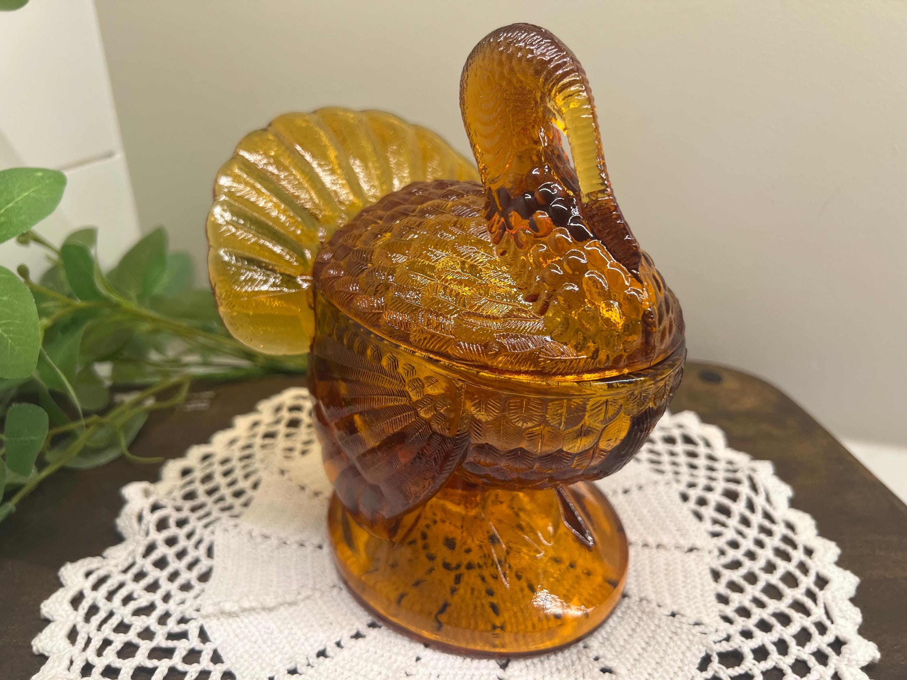 Vintage L. E. Smith Amber Glass Turkey Covered Candy Dish, 1960's ...