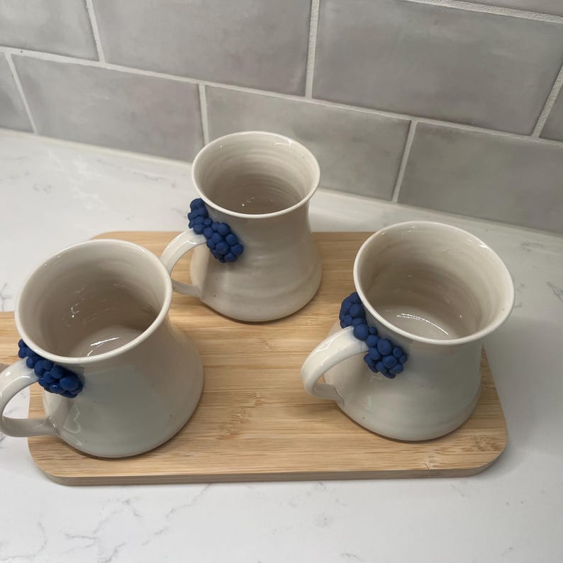 3 Handmade Pottery Mugs With Blue Grape Design Around Handle, 3 Pottery ...