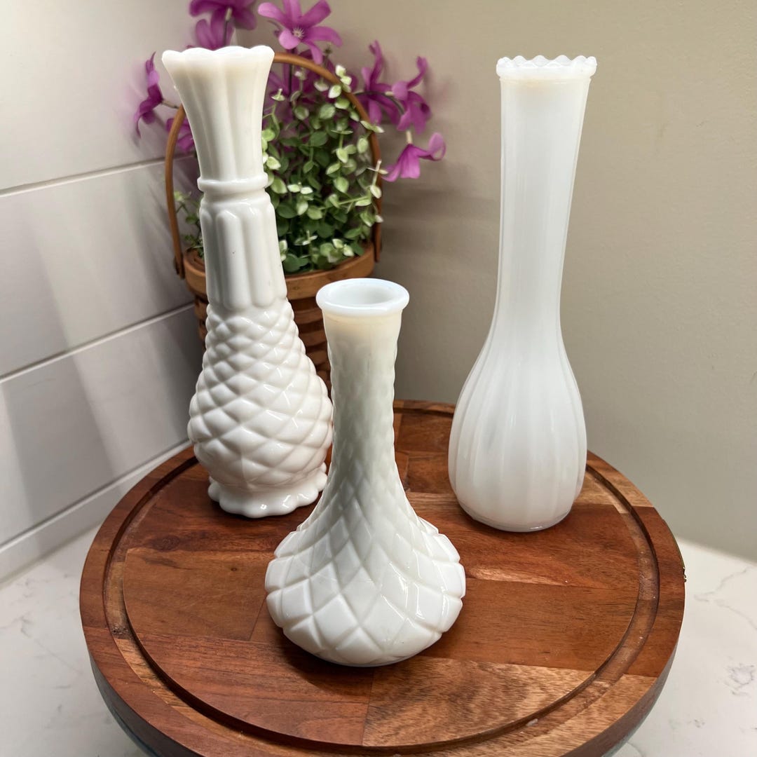 Set of 3 Vintage Milk Glass Vases, Milk Glass Bud Vases, Milk Glass ...