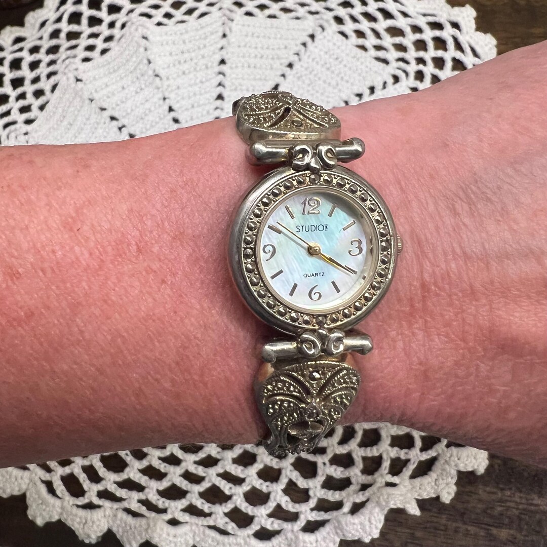 Vintage Silver Tone Studio Marcasite Stretch Band Watch, Vintage Women ...