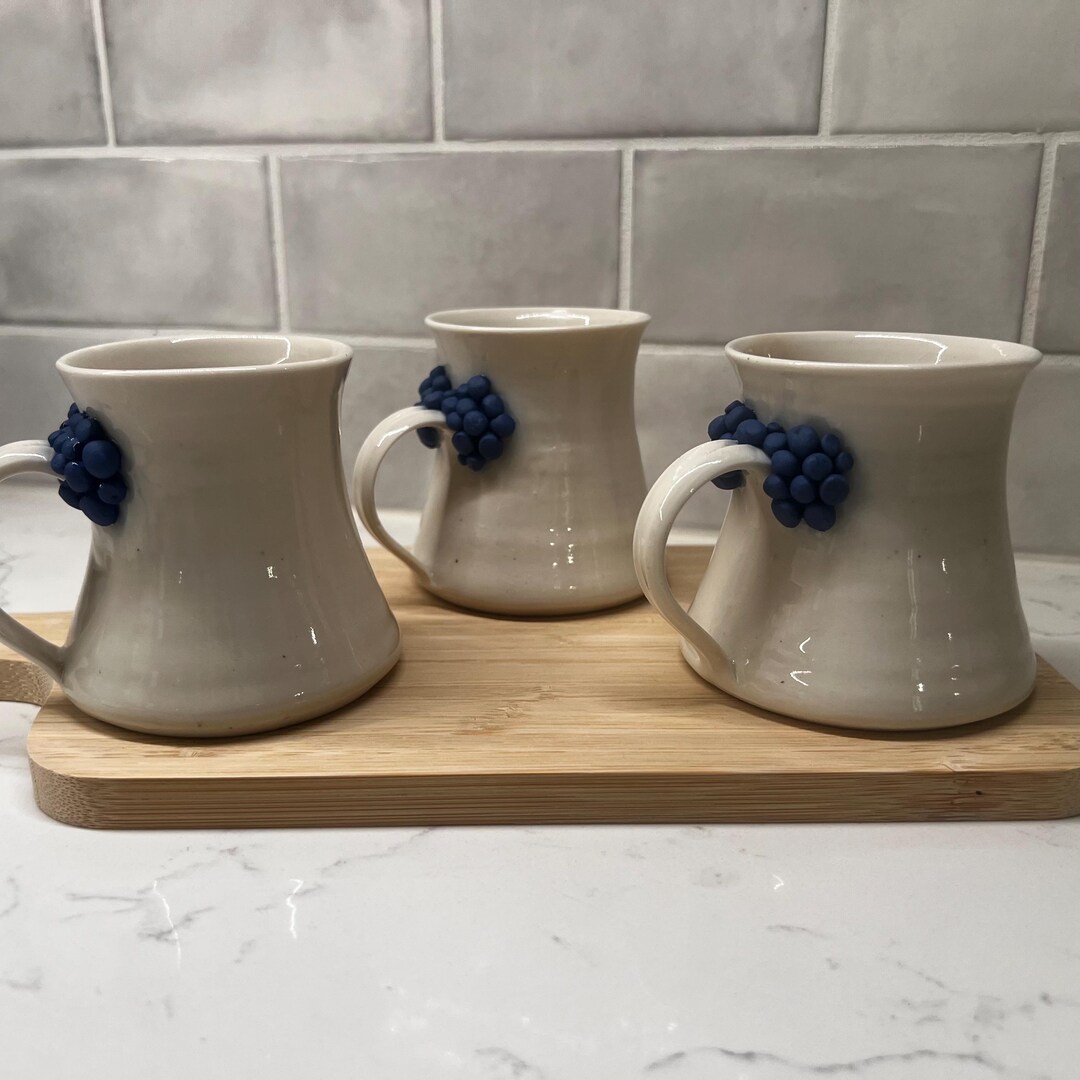 3 Handmade Pottery Mugs With Blue Grape Design Around Handle, 3 Pottery ...